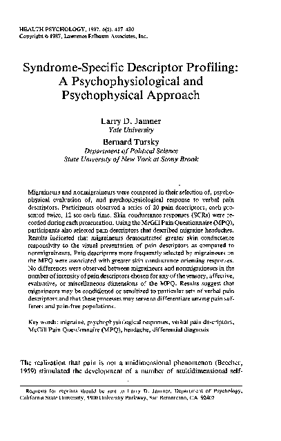 (PDF) Syndrome-Specific Descriptor Profiling: A Psychophysiological and ...