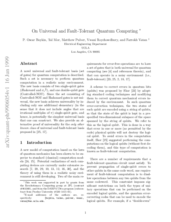 (PDF) On Universal and Fault-Tolerant Quantum Computing