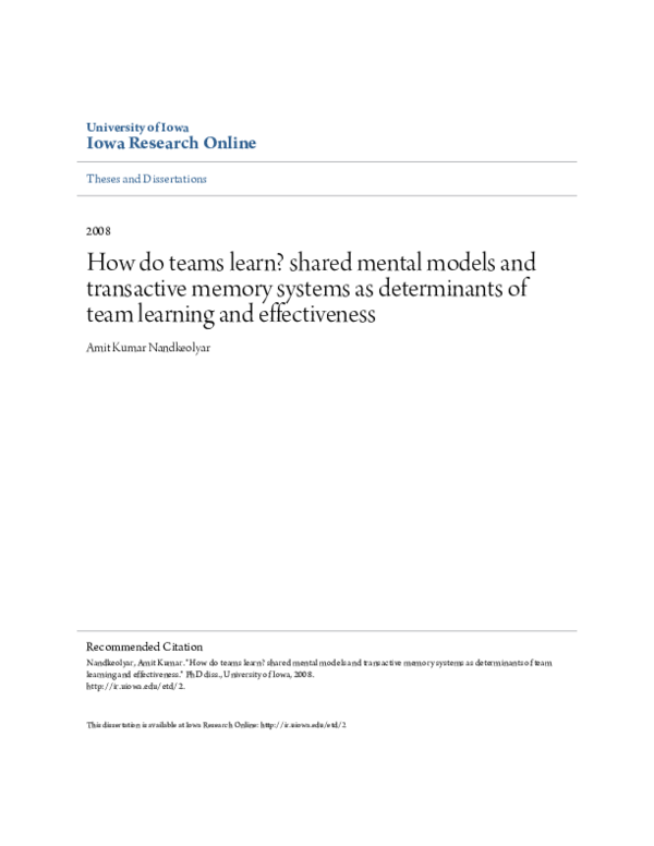 (PDF) How do teams learn? Shared mental models and transactive memory ...