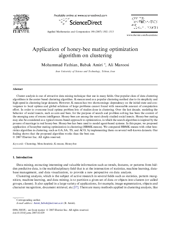 Pdf Application Of Honey Bee Mating Optimization Algorithm On Clustering