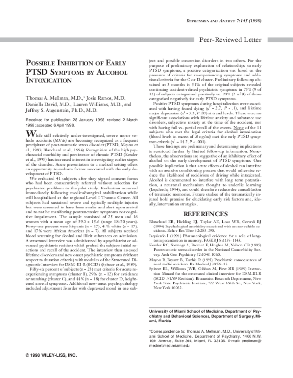 (PDF) Possible Inhibition of Early PTSD Symptoms by Alcohol ...