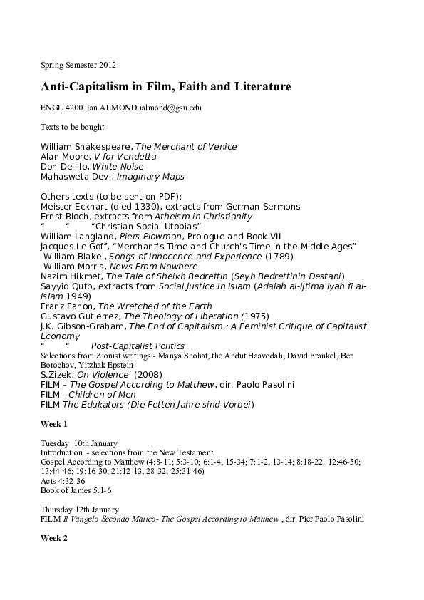 (DOC) Course Syllabus - AntiCapitalism in Film, Faith and Literature