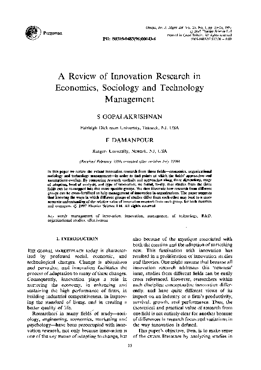 (PDF) A review of innovation research in economics, sociology and ...