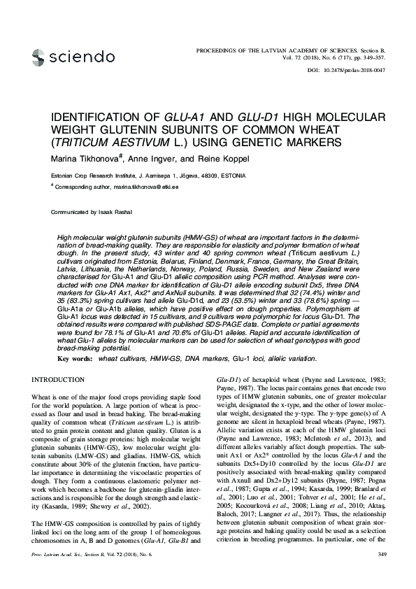 (PDF) Identification of Glu-A1 and Glu-D1 High Molecular Weight ...