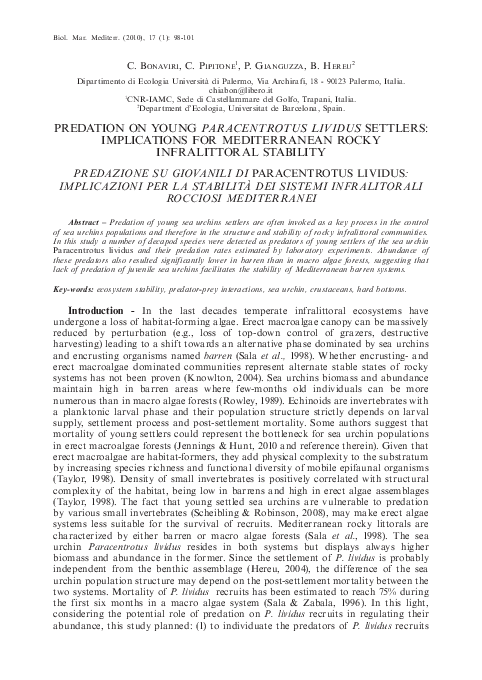(PDF) Predation on Young Paracentrotus Lividus Settlers: Implications ...
