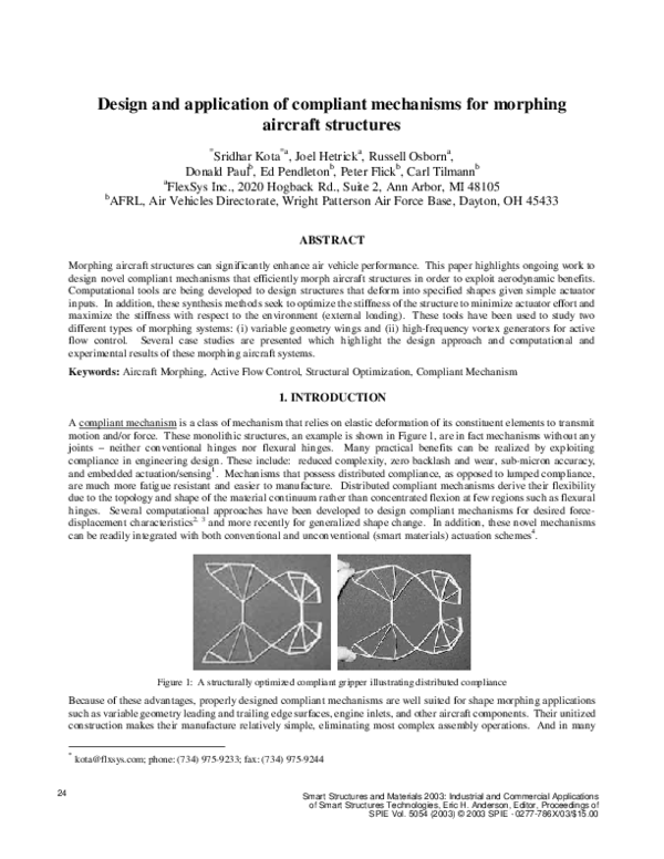 (PDF) Design and application of compliant mechanisms for morphing aircraft structures