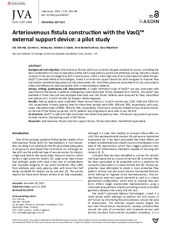 (PDF) Arteriovenous Fistula Construction with the VasQ™ External ...