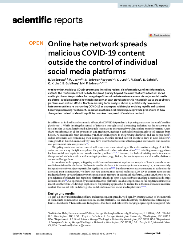 (PDF) Online hate network spreads malicious COVID-19 content outside ...
