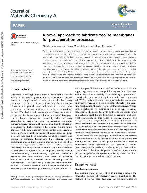 (PDF) A novel approach to fabricate zeolite membranes for pervaporation processes