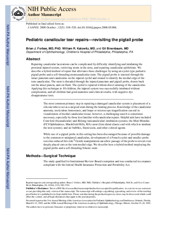 (PDF) Pediatric canalicular tear repairs—revisiting the pigtail probe