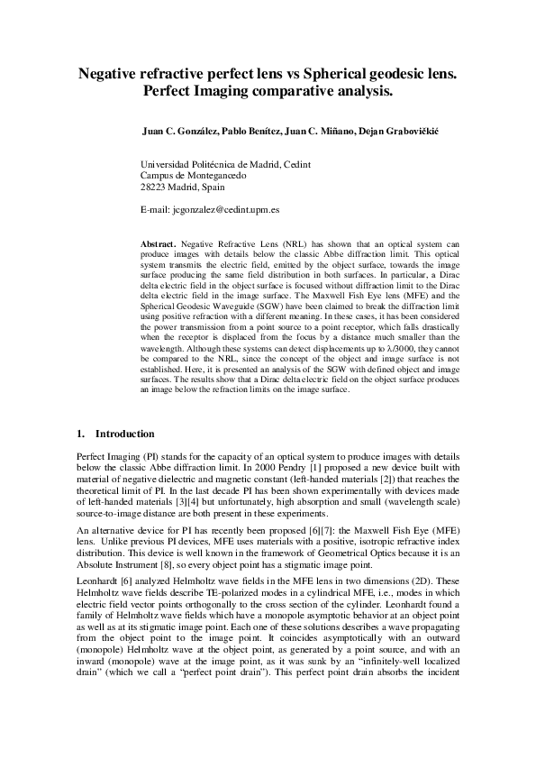 (PDF) Negative refractive perfect lens vs Spherical geodesic lens. Perfect Imaging comparative ...
