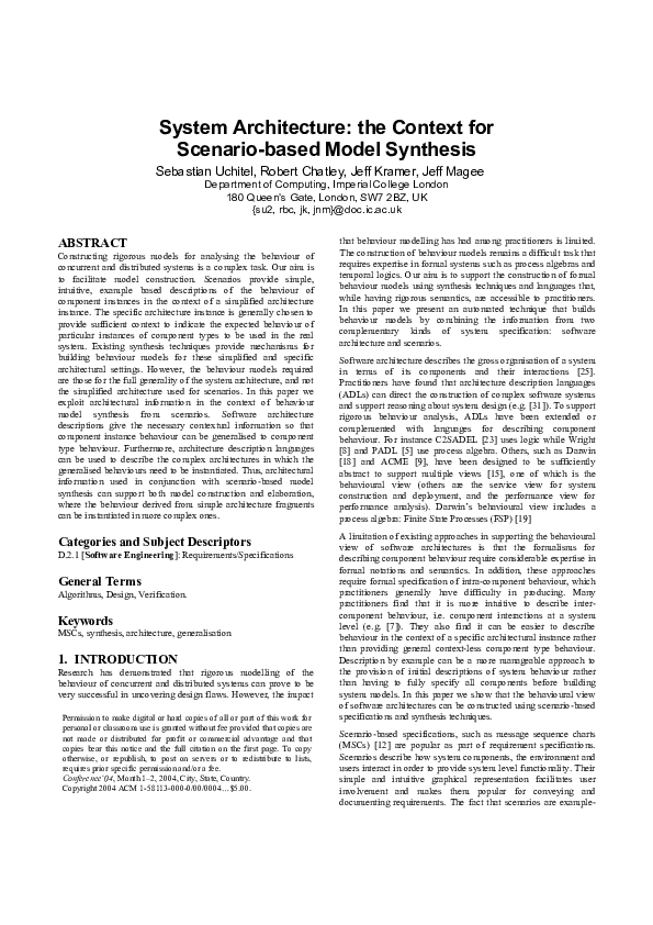(PDF) System architecture: the context for scenario-based model synthesis | Jeff Kramer ...