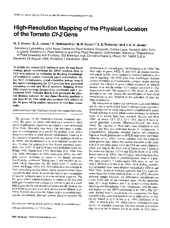 (PDF) High-Resolution Mapping of the Physical Location of the Tomato Cf ...