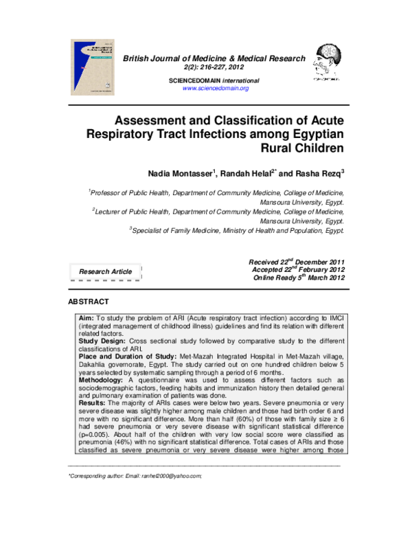 (PDF) Assessment and Classification of Acute Respiratory Tract ...