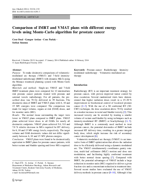 (PDF) Comparison of IMRT and VMAT plans with different energy levels using Monte-Carlo algorithm ...