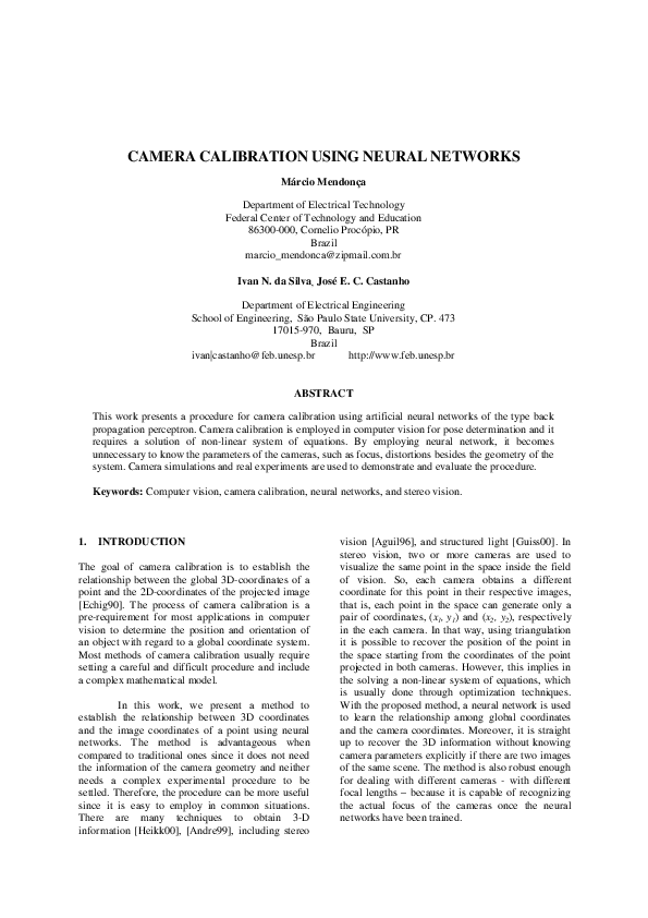 (PDF) Camera calibration using neural networks