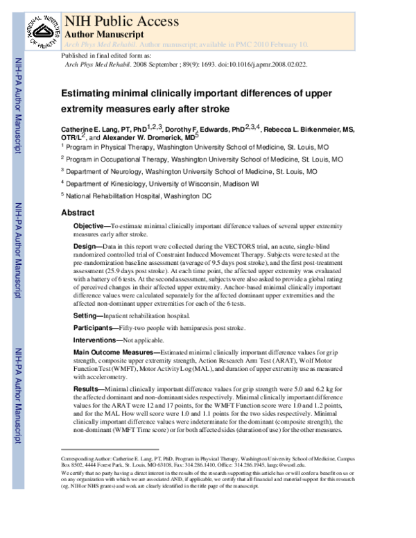 (PDF) Estimating Minimal Clinically Important Differences of Upper-Extremity Measures Early ...