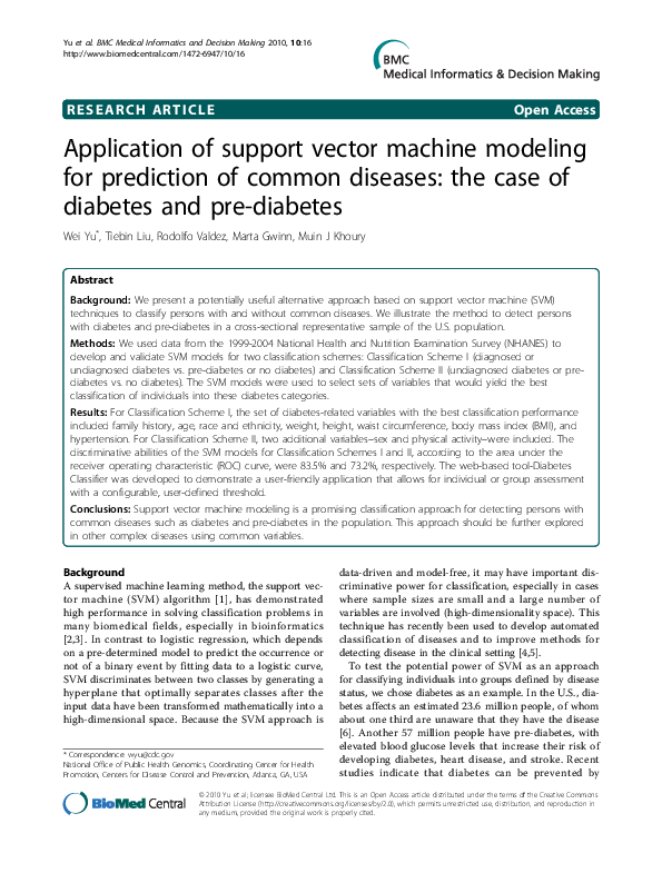 Pdf Application Of Support Vector Machine Modeling For Prediction Of Common Diseases The Case