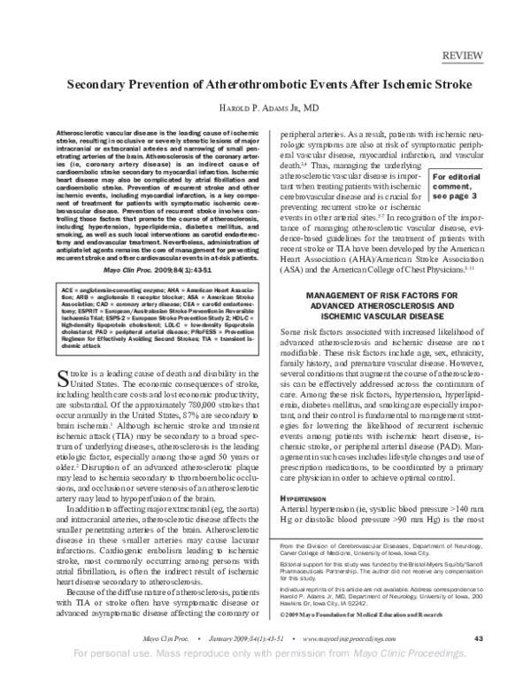 (PDF) Secondary prevention of atherothrombotic events after ischemic stroke