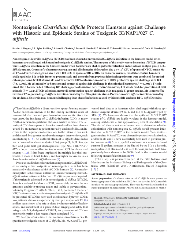 (PDF) Nontoxigenic Clostridium difficile Protects Hamsters against ...