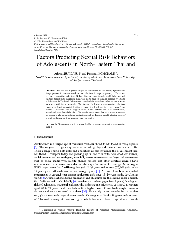 (PDF) Factors Predicting Sexual Risk Behaviors of Adolescents in North-Eastern Thailand