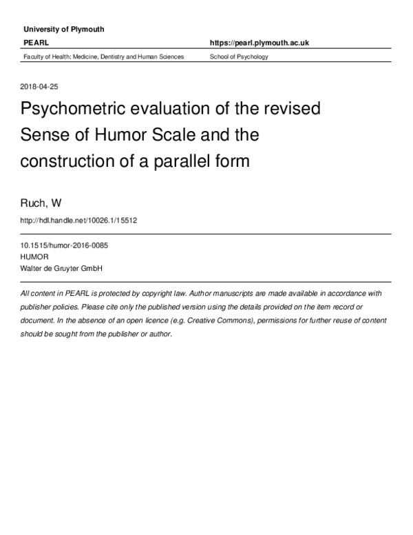 (PDF) Psychometric evaluation of the revised Sense of Humor Scale and ...