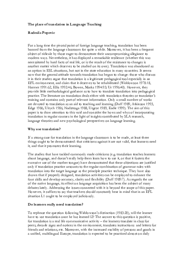 (PDF) The place of translation in Language Teaching