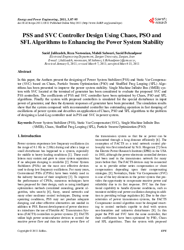 Pdf Pss And Svc Controller Design Using Chaos Pso And Sfl Algorithms