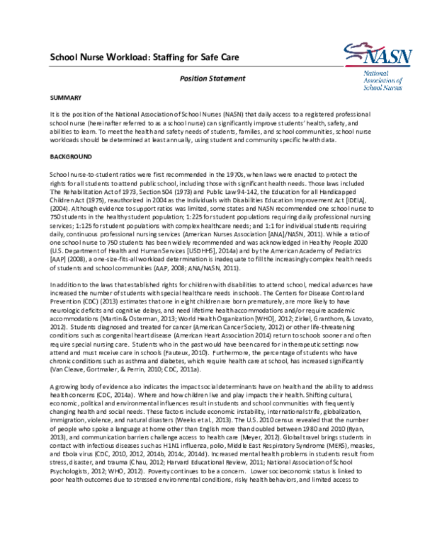 (PDF) School Nurse Workload— Staffing for Safe Care