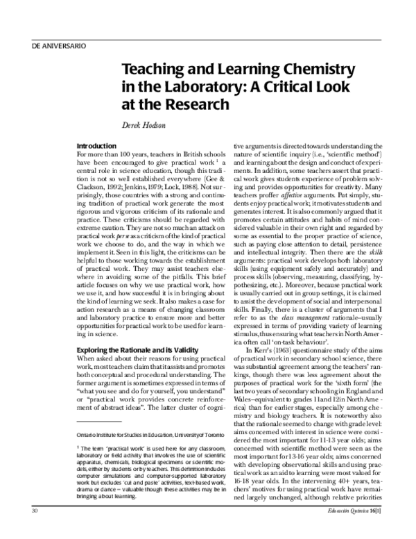 (PDF) Teaching and Learning Chemistry in the Laboratory: A Critical ...