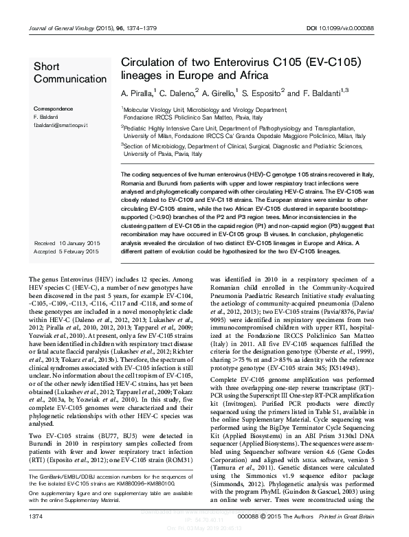 (PDF) Circulation of two Enterovirus C105 (EV-C105) lineages in Europe ...
