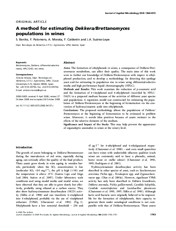 (PDF) A method for estimating Dekkera/Brettanomyces populations in wines