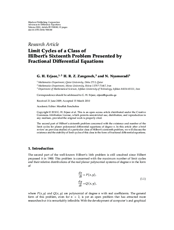 (PDF) Limit Cycles of a Class of Hilbert's Sixteenth Problem Presented by Fractional ...