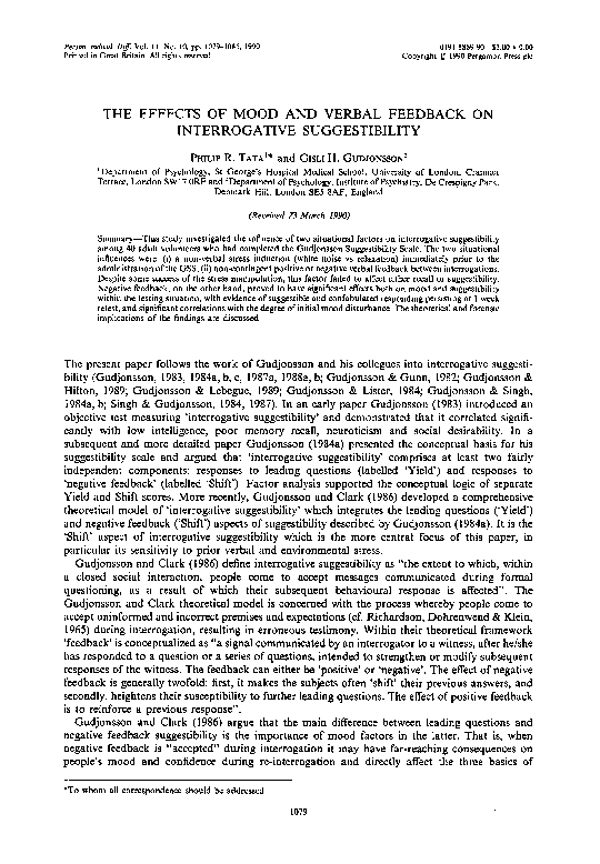 The effects of mood and verbal feedback on interrogative suggestibility