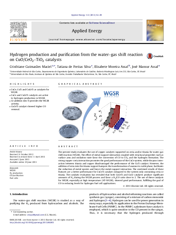 (PDF) Hydrogen production and purification from the water–gas shift ...