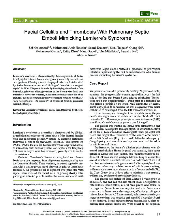 (PDF) Facial Cellulitis and Thrombosis With Pulmonary Septic Emboli ...