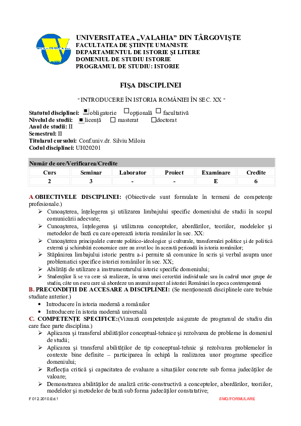 (DOC) Fisa disciplinei Istoria Romaniei in sec. XX