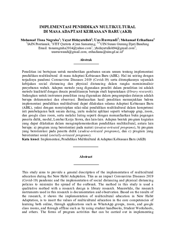 (PDF) Implementasi Pendidikan Multikultural DI Masa Adaptasi Kebiasaan Baru (Akb)