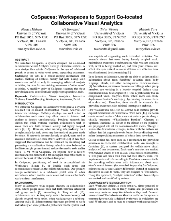 (PDF) CoSpaces: Workspaces to Support Co-located Collaborative Visual Analytics