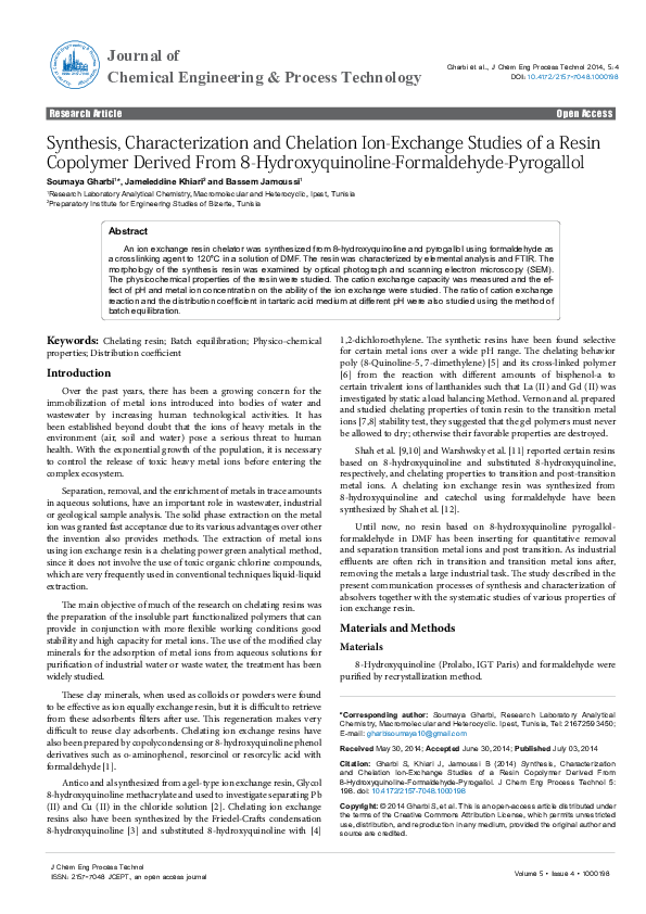 (PDF) Synthesis, Characterization and Chelation Ion-Exchange Studies of a Resin Copolymer ...