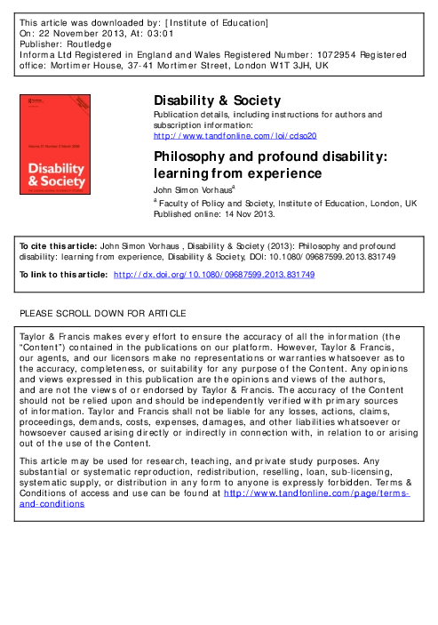 (PDF) Philosophy and profound disability: learning from experience
