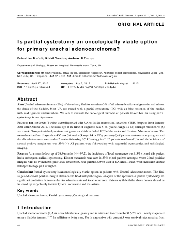 (PDF) Partial Cystectomy for Urachal Adenocarcinoma: Outcomes Analysis