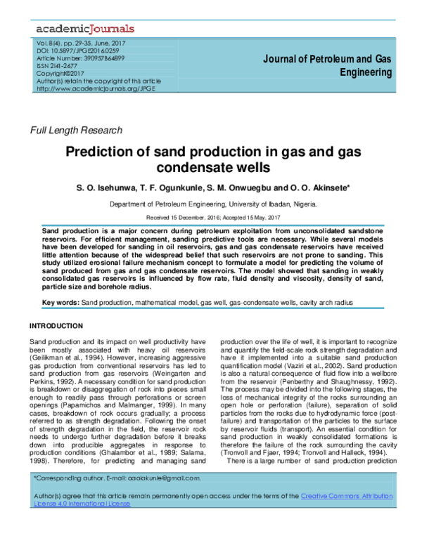 (PDF) Prediction of sand production in gas and gas condensate wells
