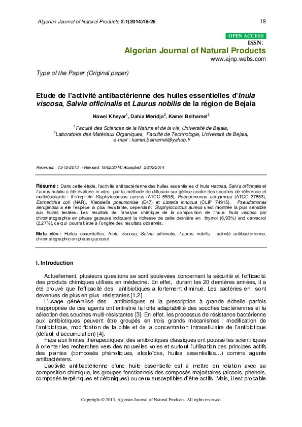 (PDF) Étude de l’activité antibactérienne des huiles essentielles de ...