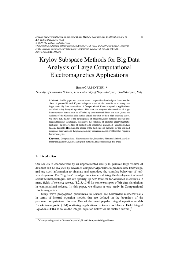 Pdf Krylov Subspace Methods For Big Data Analysis Of Large Computational Electromagnetics
