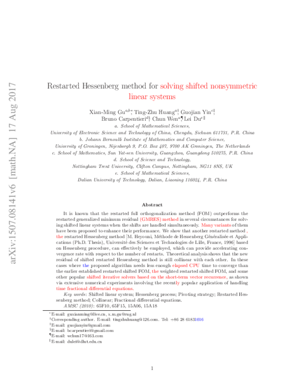 (PDF) Restarted Hessenberg method for solving shifted nonsymmetric linear systems