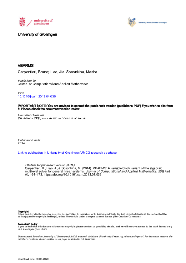Pdf Vbarms A Variable Block Algebraic Recursive Multilevel Solver For Sparse Linear Systems