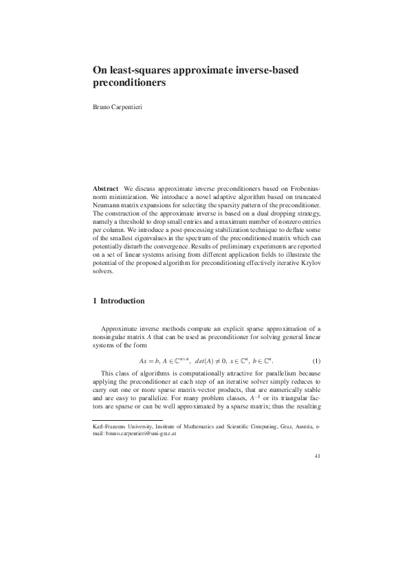 Pdf On Least Squares Approximate Inverse Based Preconditioners