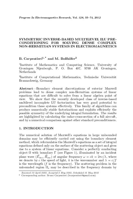 Pdf Symmetric Inverse Based Multilevel Ilu Preconditioning For Solving Dense Complex Non