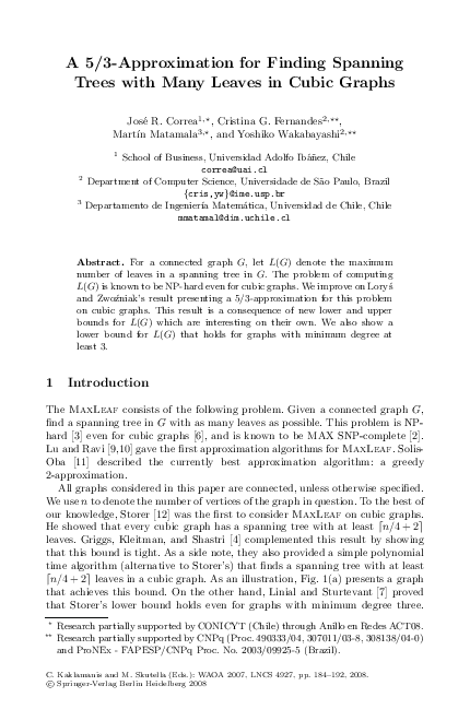 Pdf A 53 Approximation For Finding Spanning Trees With Many Leaves In Cubic Graphs Yoshiko